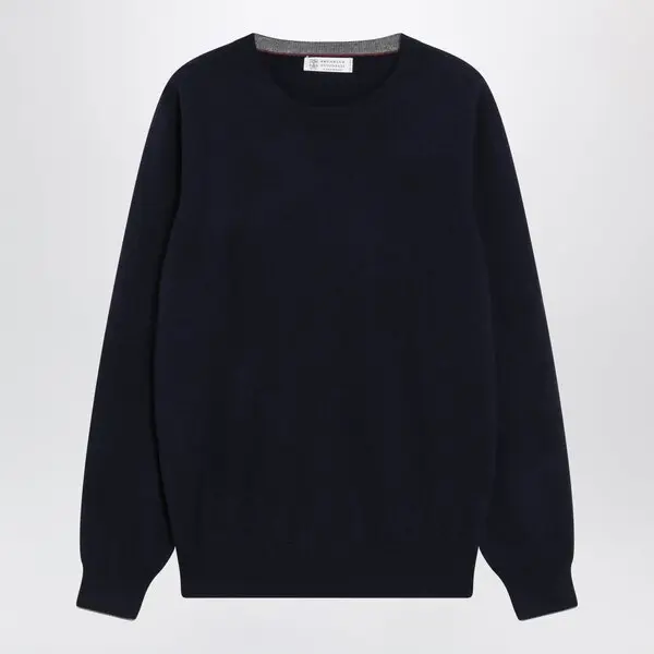 Brunello Cucinelli Navy Cashmere Crewneck Sweater With Contrast Trim - Blue