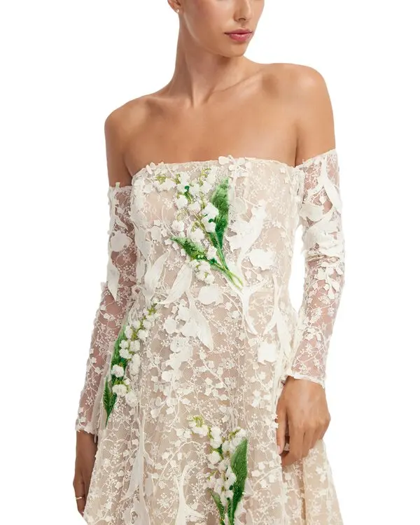 LEO LIN Ana Off Shoulder Embellished Lace Bustier Midi Dress