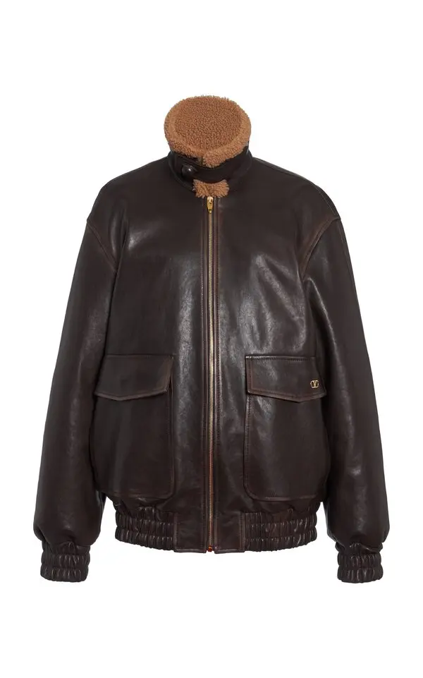Valentino Garavani Shearling Trimmed Leather Bomber Jacket - Brown