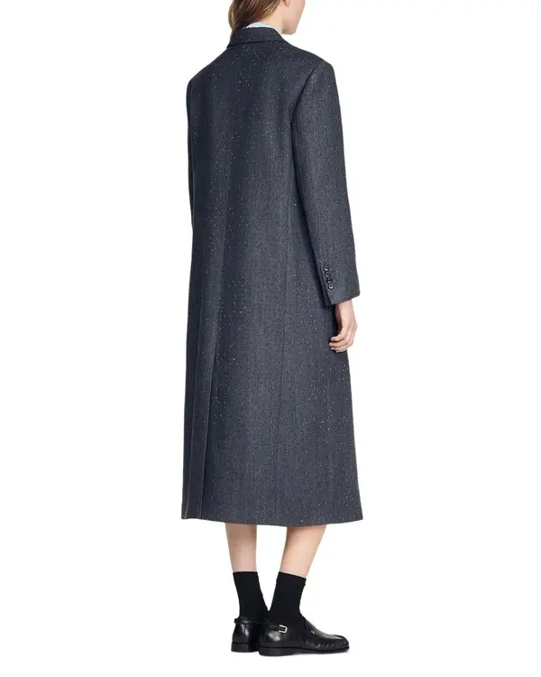 Sandro Long Wool Coat With Rhinestones