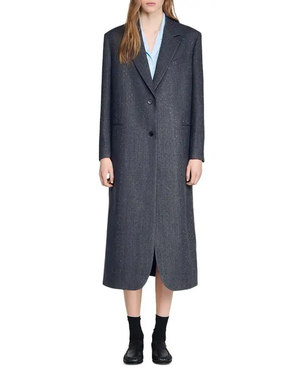 Sandro Long Wool Coat With Rhinestones