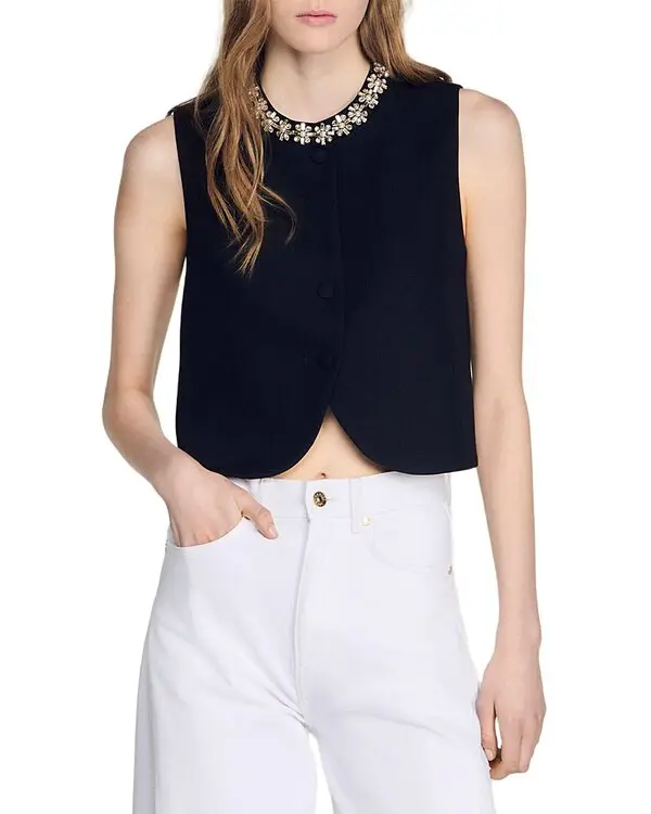 Sandro Jeweled Neckline Cropped Jacket