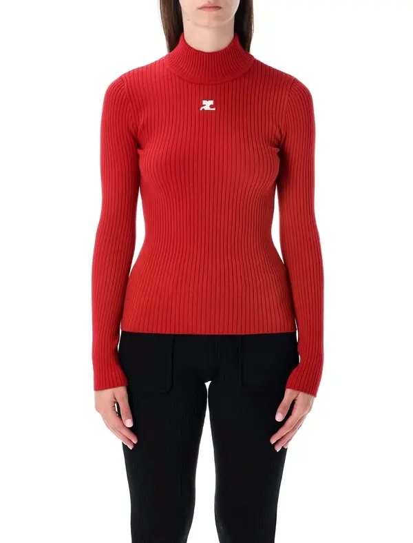 COURREGES Mock Neck Ribbed Knit Fitted Sweater - Rosso