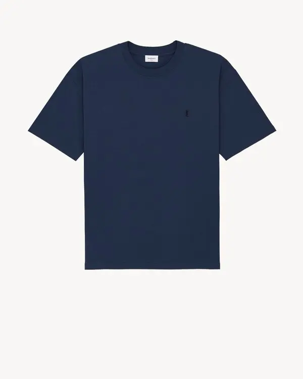 Saint Laurent Tonal Cassandre Chest Embroidered Crewneck T-shirt - Blu
