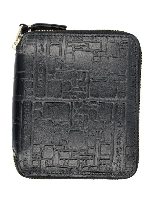 Comme Des Garçons Mini Zip-around Calfskin Wallet With Embossed Logo, Note Compartment, Coin Purse & Card Slots - Nero
