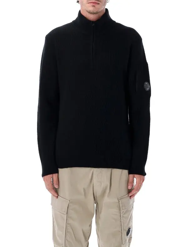 C.P. COMPANY Quarter-zip Knit Sweater With Ribbed High Collar And Lens Pocket - Nero