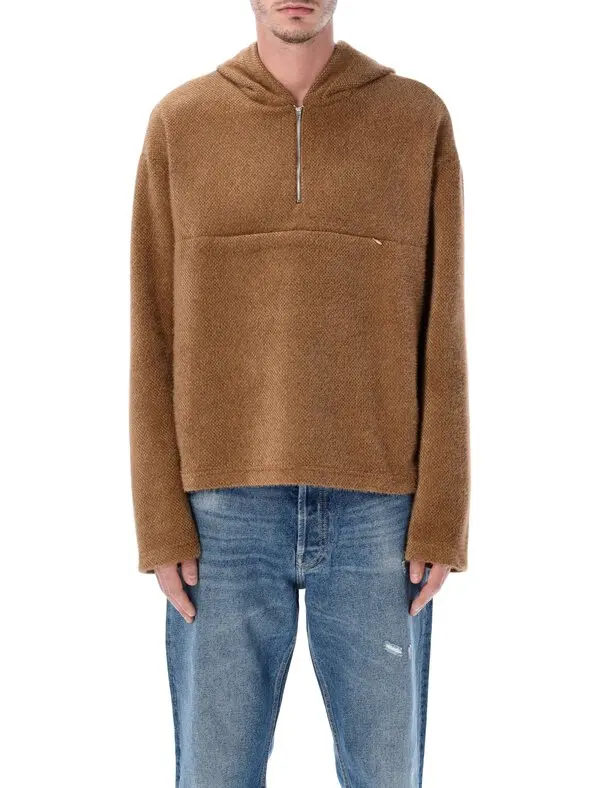 ROLD SKOV Relaxed Fit Half-zip Hoodie With Satin-lined Hood - Marrone