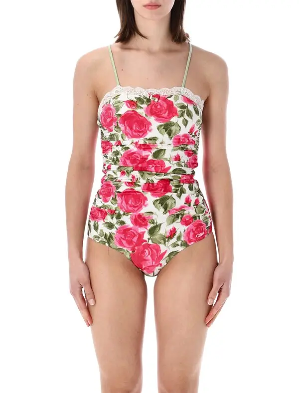 Chloé Ruched One-piece Swimsuit With Rose Print - Rosa