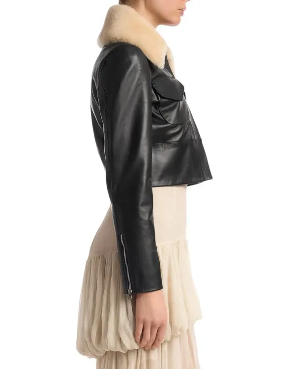 LIBEROWE Raja Cropped Leather Jacket With Shearling Collar