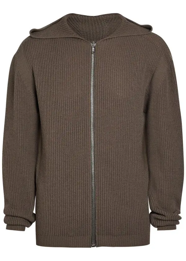 Rick Owens Ribbed Wool Zip-through Hooded Jumper - Brown