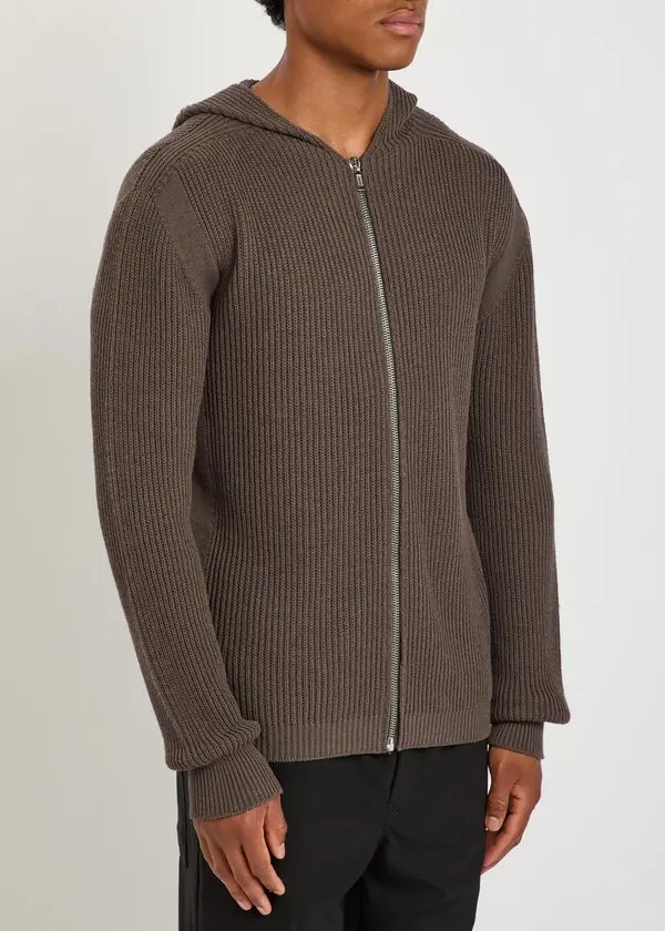 Rick Owens Ribbed Wool Zip-through Hooded Jumper - Brown