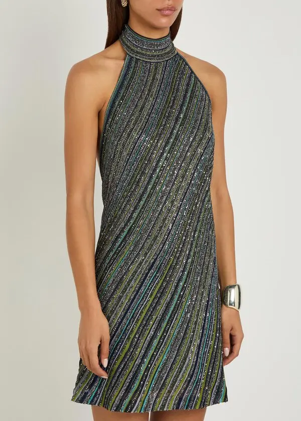 Missoni Striped Embellished Metallic-knit Halterneck Mini Dress - Multicoloured