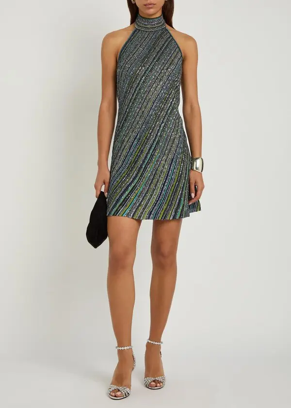 Missoni Striped Embellished Metallic-knit Halterneck Mini Dress - Multicoloured