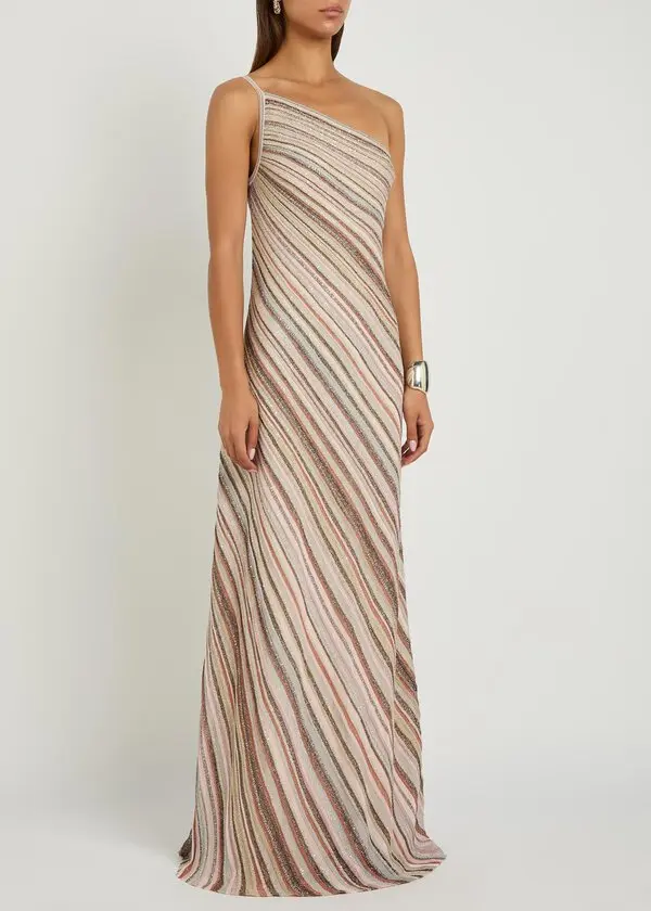 Missoni Striped One-shoulder Metallic-knit Maxi Dress