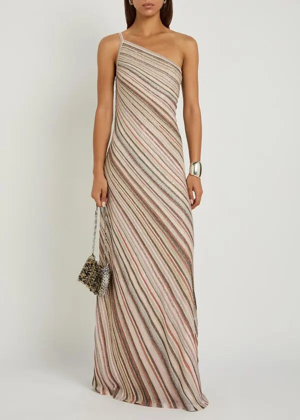 Missoni Striped One-shoulder Metallic-knit Maxi Dress