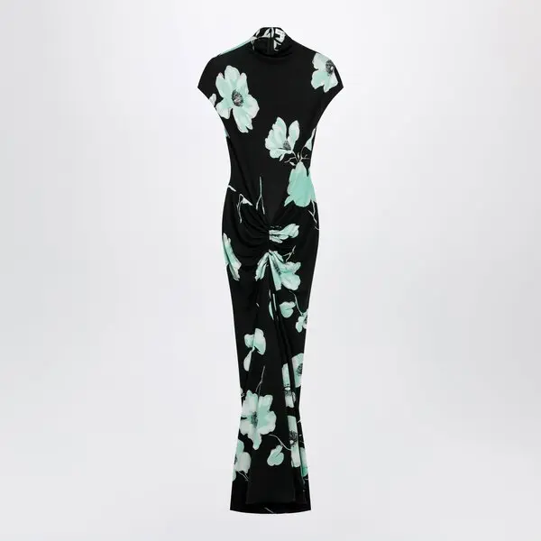 Alaïa Draped Jersey Dress With Sakura Print In /aqua - Black