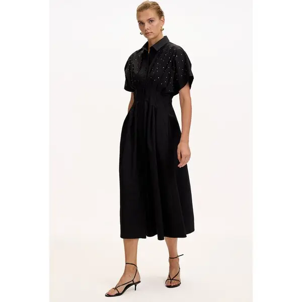 EXQUISE Jream Shirt Collar Midi Dress - Black