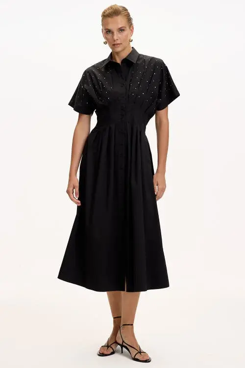 EXQUISE Jream Shirt Collar Midi Dress