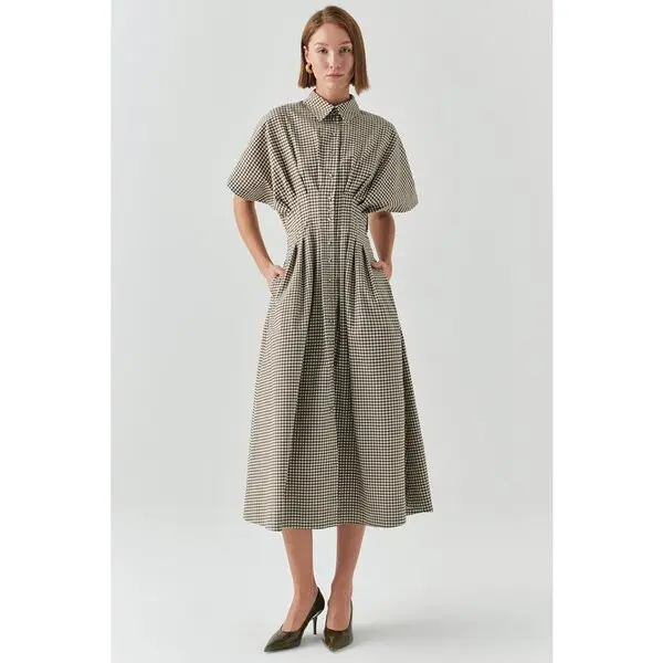 EXQUISE Embellished Shirt Collar Midi Dress - Ecru