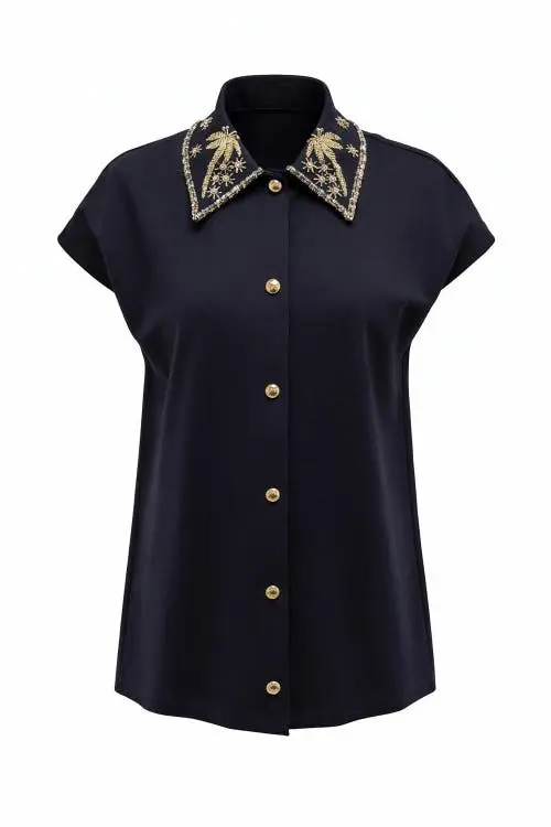 EXQUISE Sleeveless Regular Fit Knit Embroidered Shirt