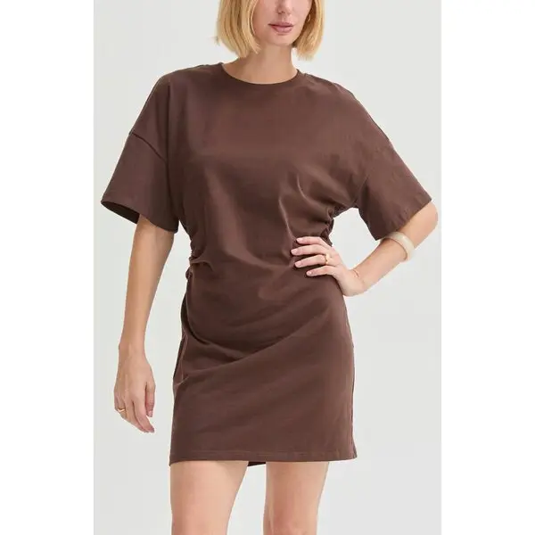 CRESCENT Elbow Sleeve Ruched T-shirt Mini Dress - Brown