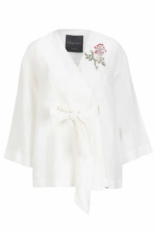 EXQUISE Elisa Belted Embroidered Jacket - Ecru