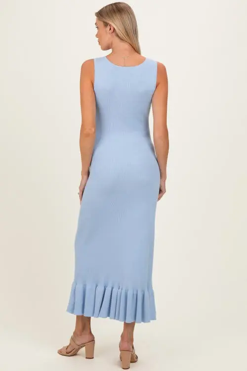 PINKBLUSH Ribbed Knit Sleeveless Maxi Dress With Ruffled Hem - Light Blue