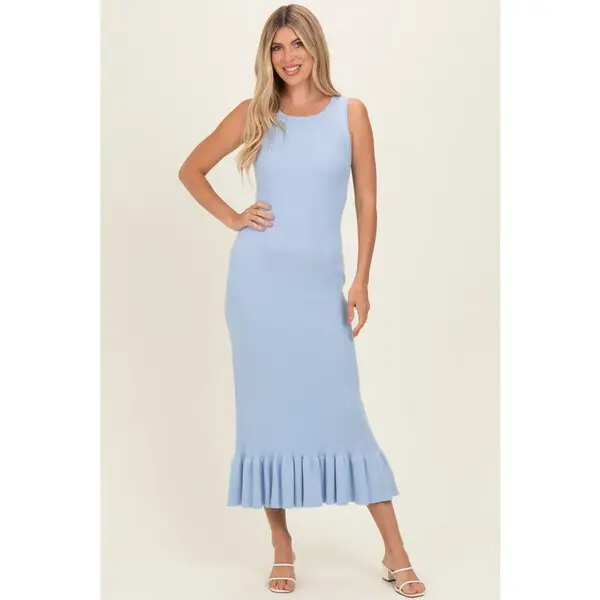 PINKBLUSH Ribbed Knit Sleeveless Ruffle Hem Maxi Dress - Light Blue