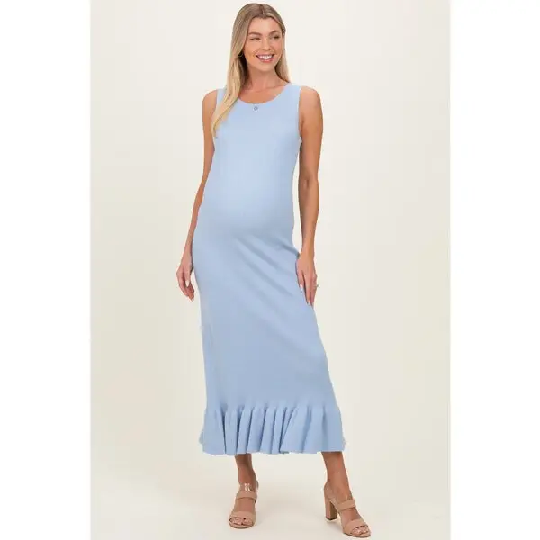 PINKBLUSH Ribbed Knit Sleeveless Ruffle Hem Maxi Dress - Light Blue