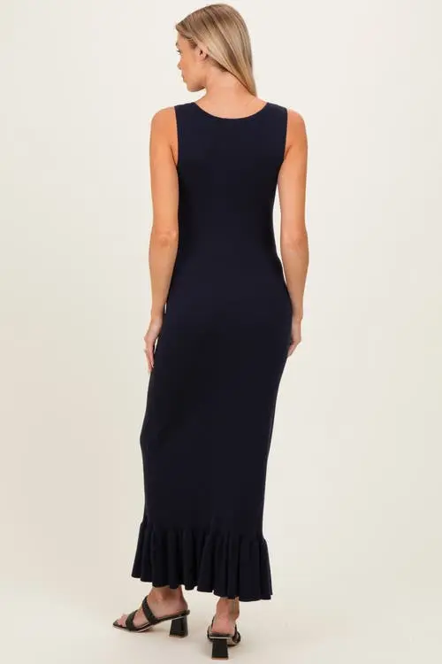 PINKBLUSH Ribbed Knit Sleeveless Ruffle Hem Maxi Dress