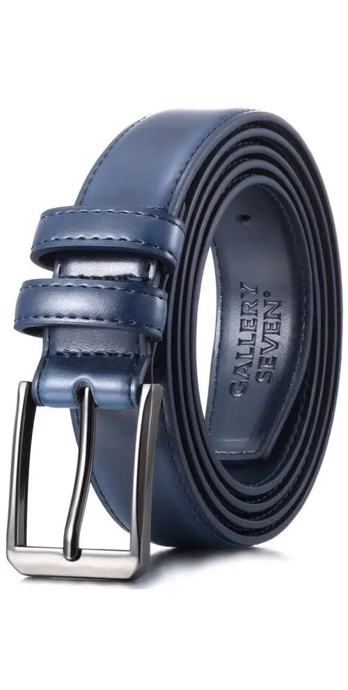 GALLERY SEVEN Genuine Leather Dress Belt With Polished Buckle - Navy