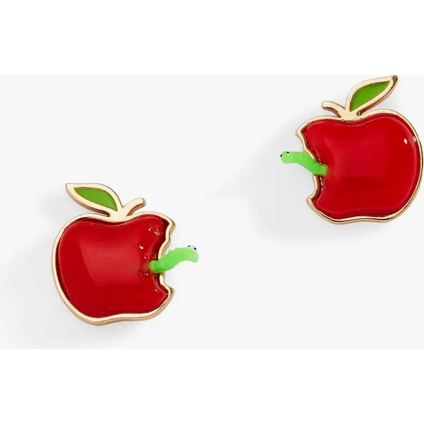 ALEX AND ANI Red Apple Stud Earrings With Worm Motif - Gold
