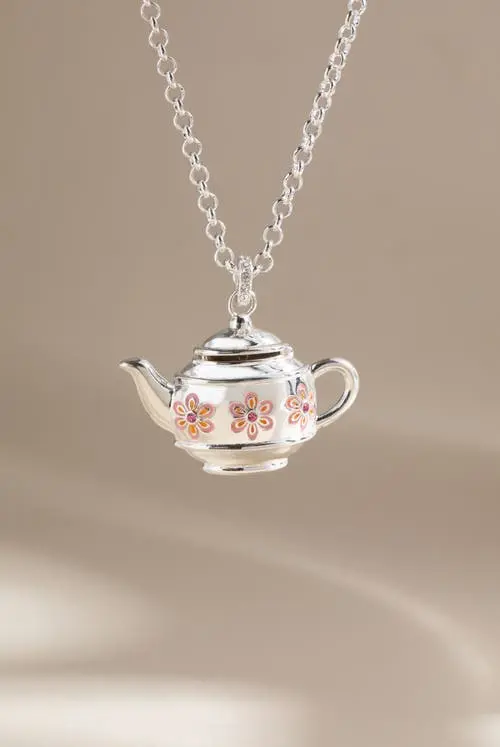 ALEX AND ANI Floral Teapot Locket Pendant Necklace