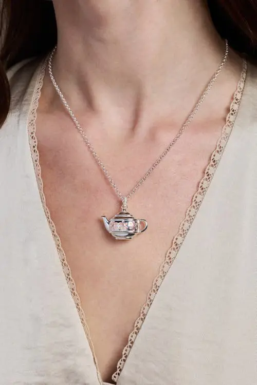 ALEX AND ANI Floral Teapot Locket Pendant Necklace