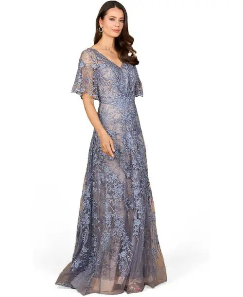 LARA NEW YORK Elegant Cape Sleeve A-line Gown - Dark Periwinkle