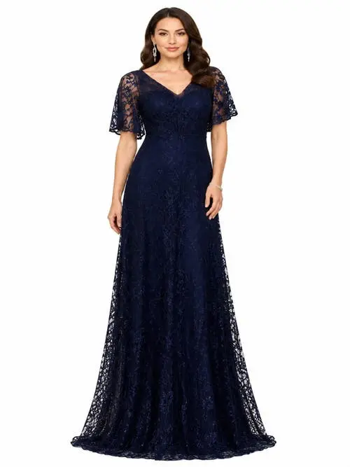 LARA NEW YORK Elegant Cape Sleeve A-line Gown - Navy