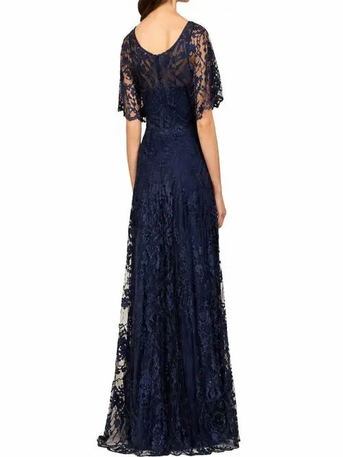 LARA NEW YORK Elegant Cape Sleeve A-line Gown - Navy