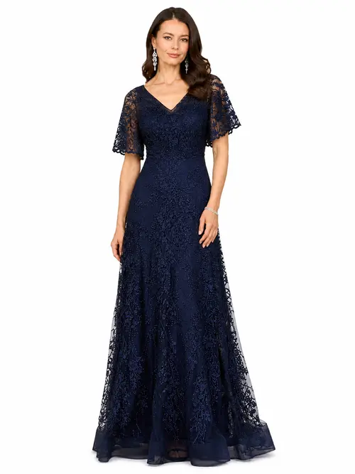 LARA NEW YORK Elegant Cape Sleeve A-line Gown - Navy