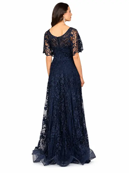 LARA NEW YORK Elegant Cape Sleeve A-line Gown - Navy