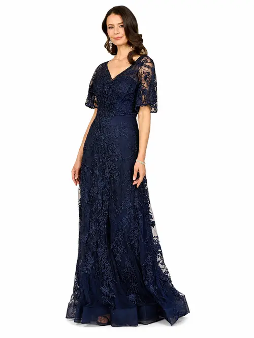 LARA NEW YORK Elegant Cape Sleeve A-line Gown - Navy