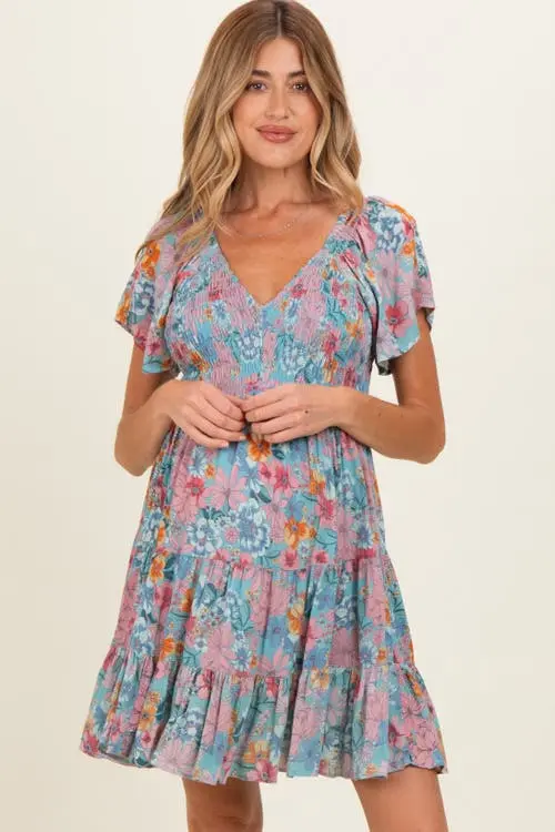 PINKBLUSH V-neck Smocked Bust Short Sleeve Dress