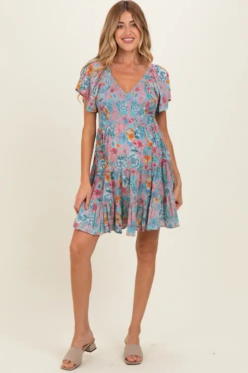 PINKBLUSH V-neck Smocked Bust Short Sleeve Dress