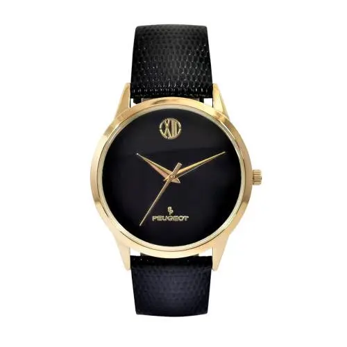 PEUGEOT Round Gold-plated Watch With Leather Strap - Black