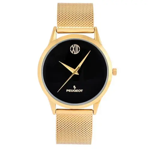 PEUGEOT Round Gold-plated Watch With Leather Strap - Mesh Black