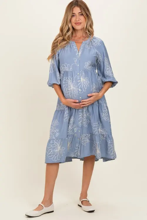 PINKBLUSH Embroidered Tiered Midi Shirt Dress - Blue