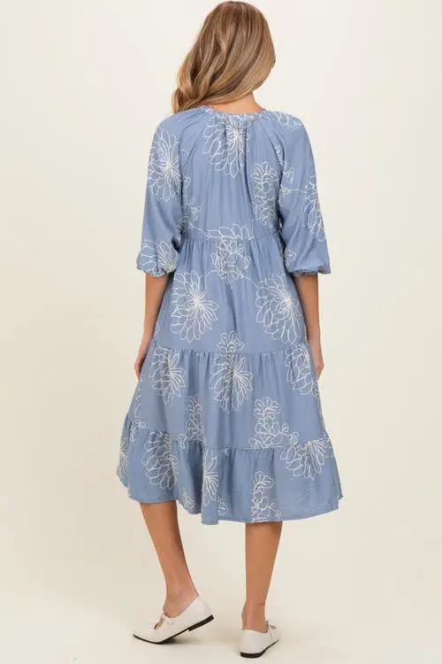 PINKBLUSH Embroidered Tiered Midi Shirt Dress