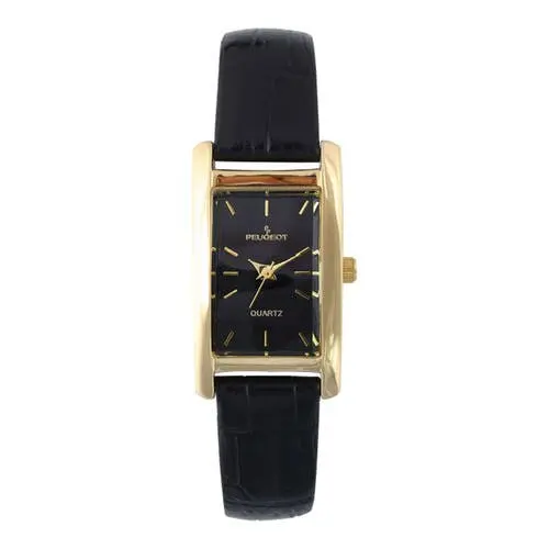 PEUGEOT Rectangular Gold-plated Watch With Embossed Leather Band - Black
