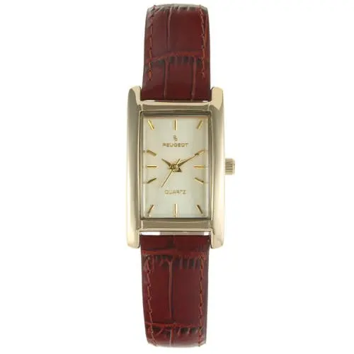 PEUGEOT Rectangular Gold-plated Watch With Embossed Leather Band - Brown
