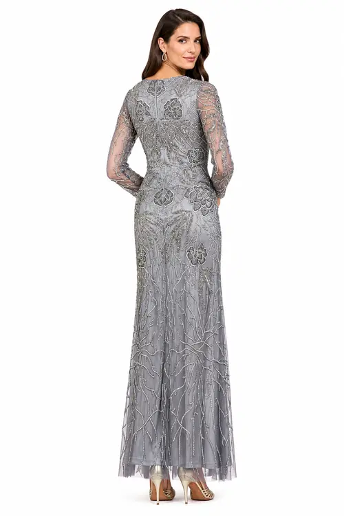 LARA NEW YORK High Neck Long Sleeve Beaded Gown - Medium Grey