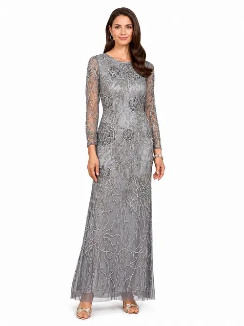 LARA NEW YORK High Neck Long Sleeve Beaded Gown - Medium Grey